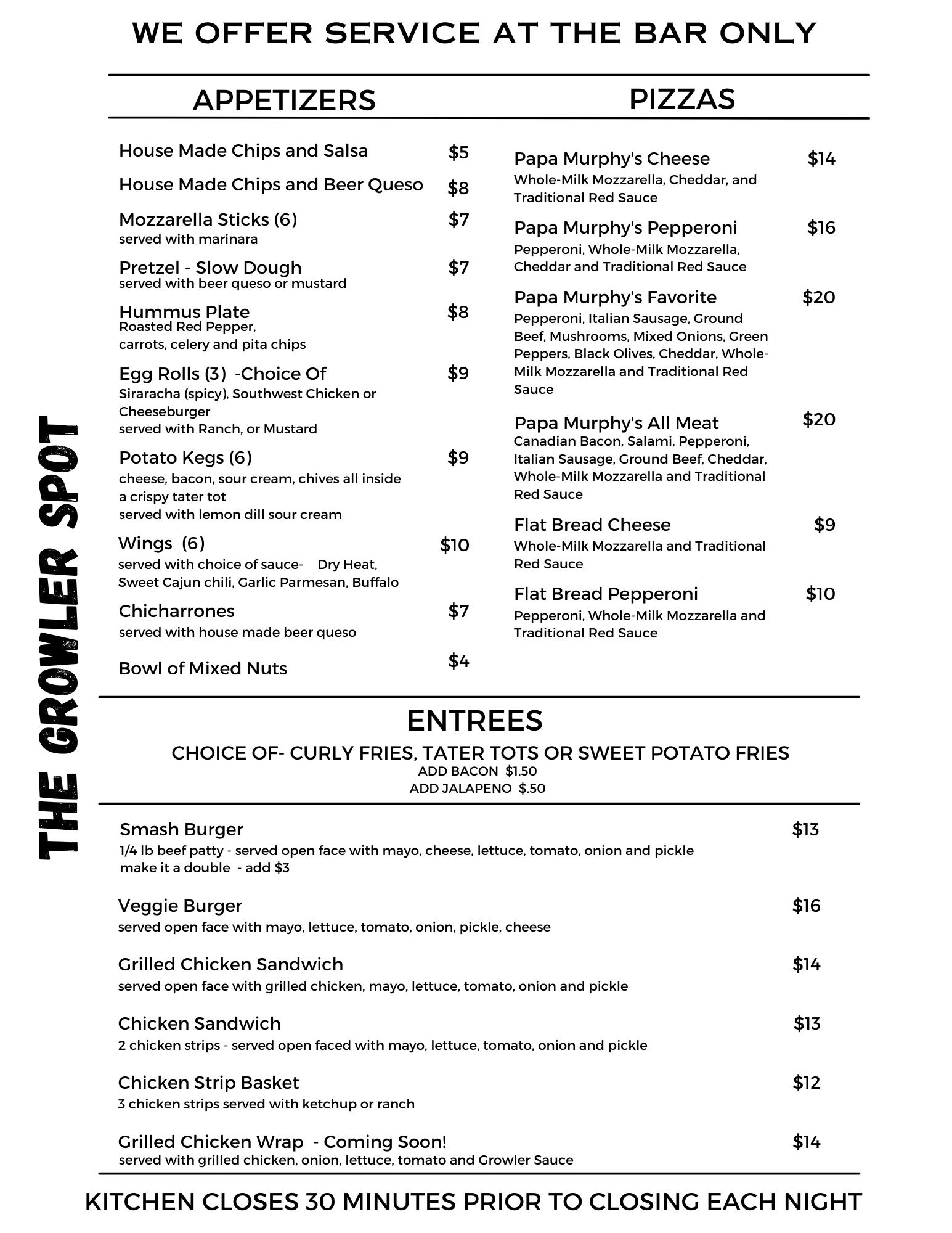 MENU - The Growler Spot | Craft Beer Bar