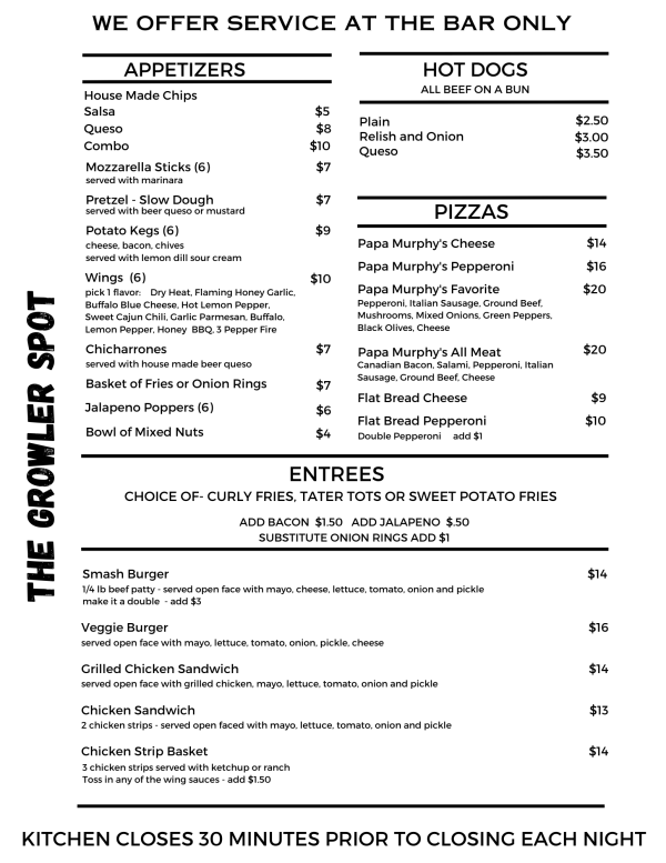 MENU - The Growler Spot | Craft Beer Bar